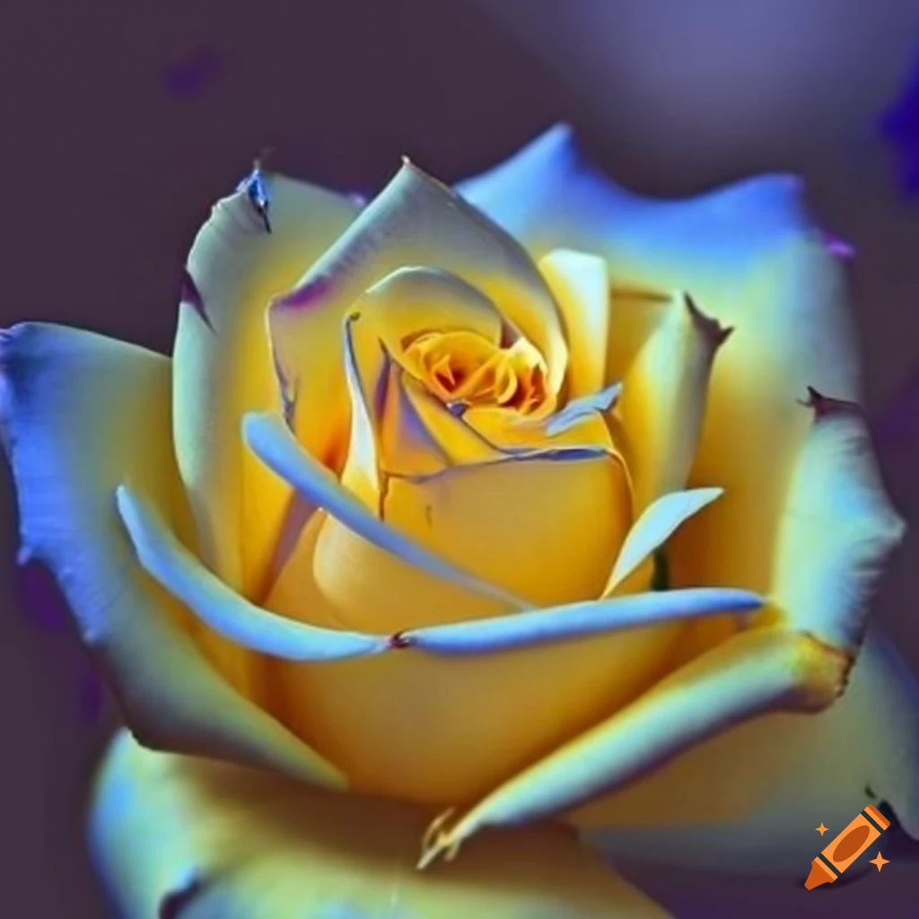 Vivid yellow rose with blue and black stripes surrounded by soft petals ...