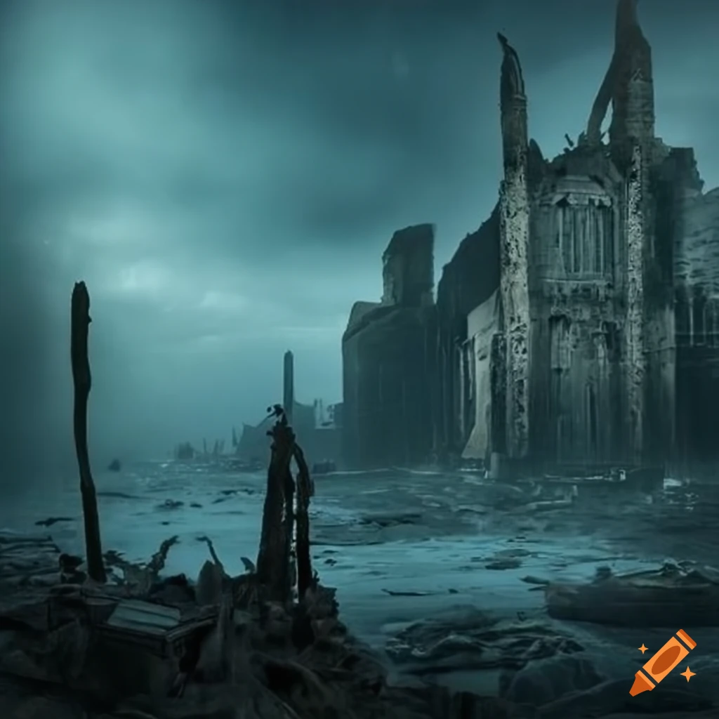 Ruins of the world in a wasteland with rain and ash on Craiyon