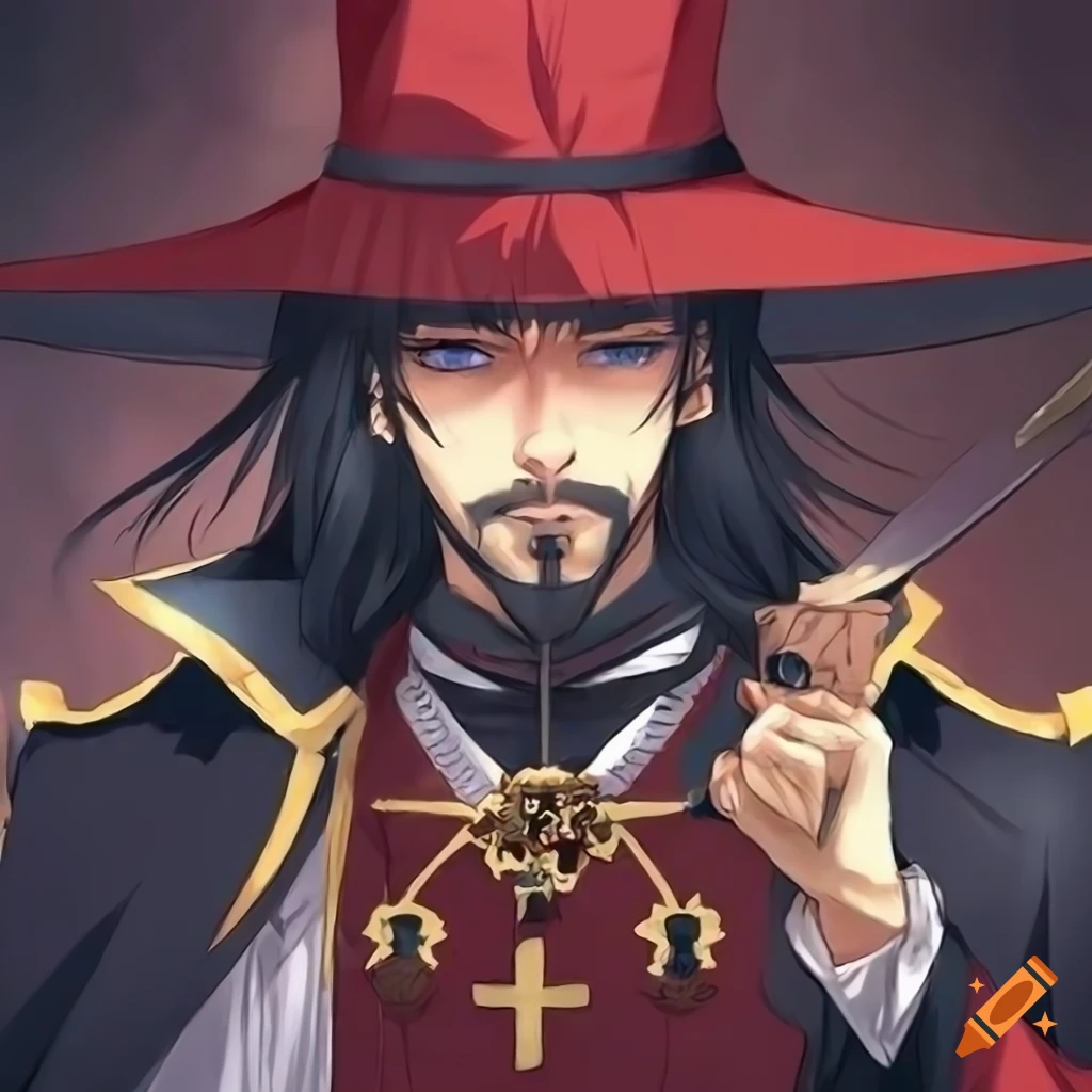 Anime male with long black hair and beard, dark blue eyes, wearing ...