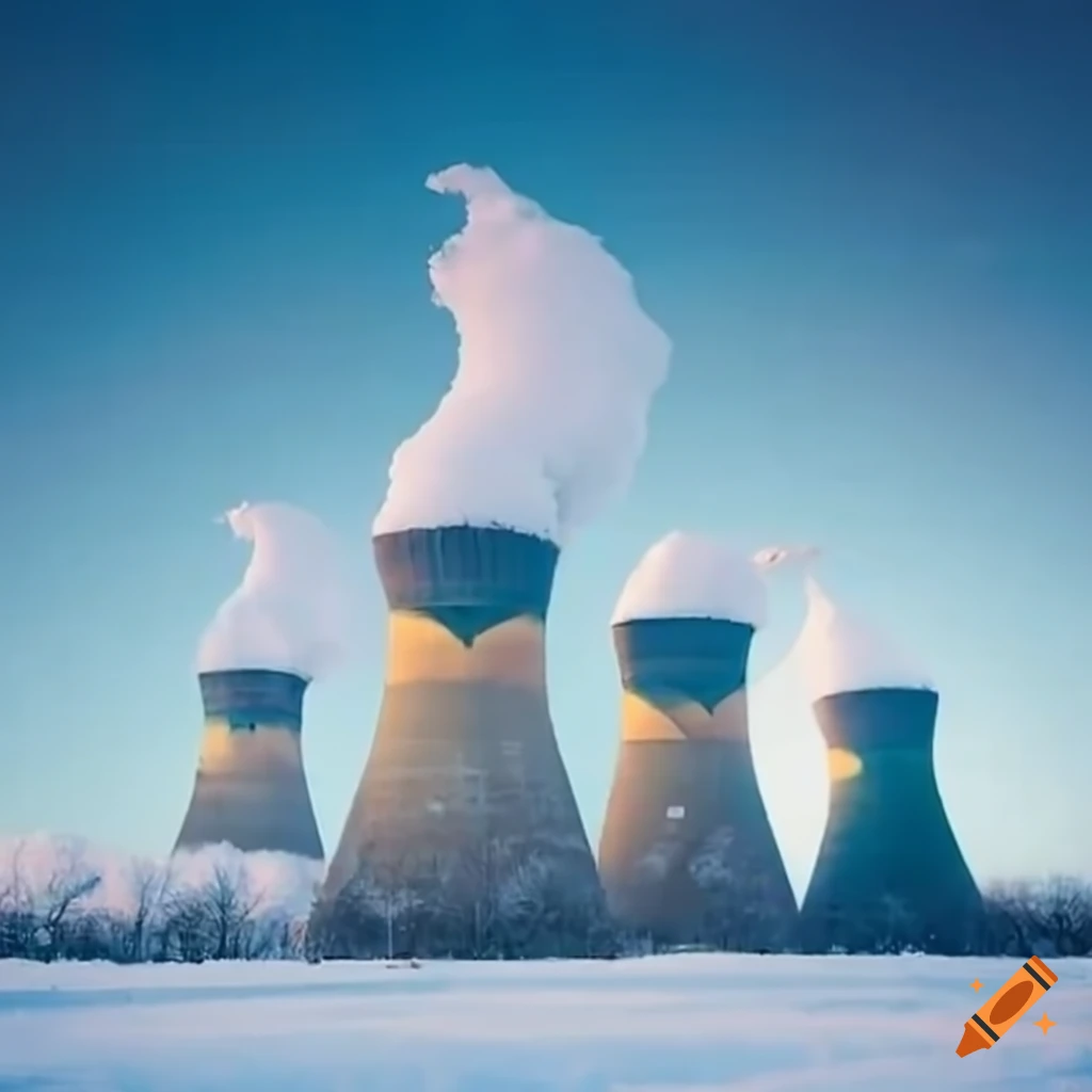 Three snowy christmas trees in a nuclear power plant covered in snow on ...