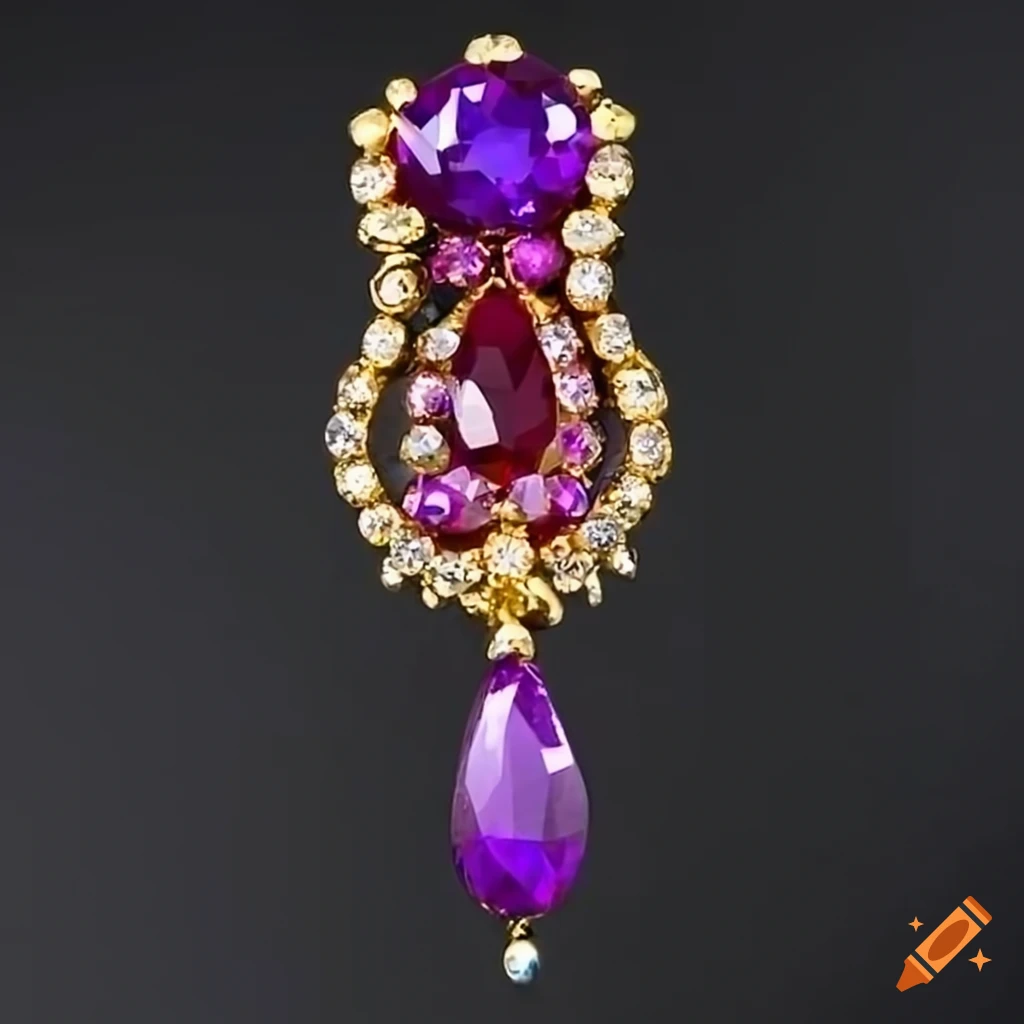 Rococo-inspired brooch with sparkling ruby and gemstones in ruby red and lilac colors on Craiyon