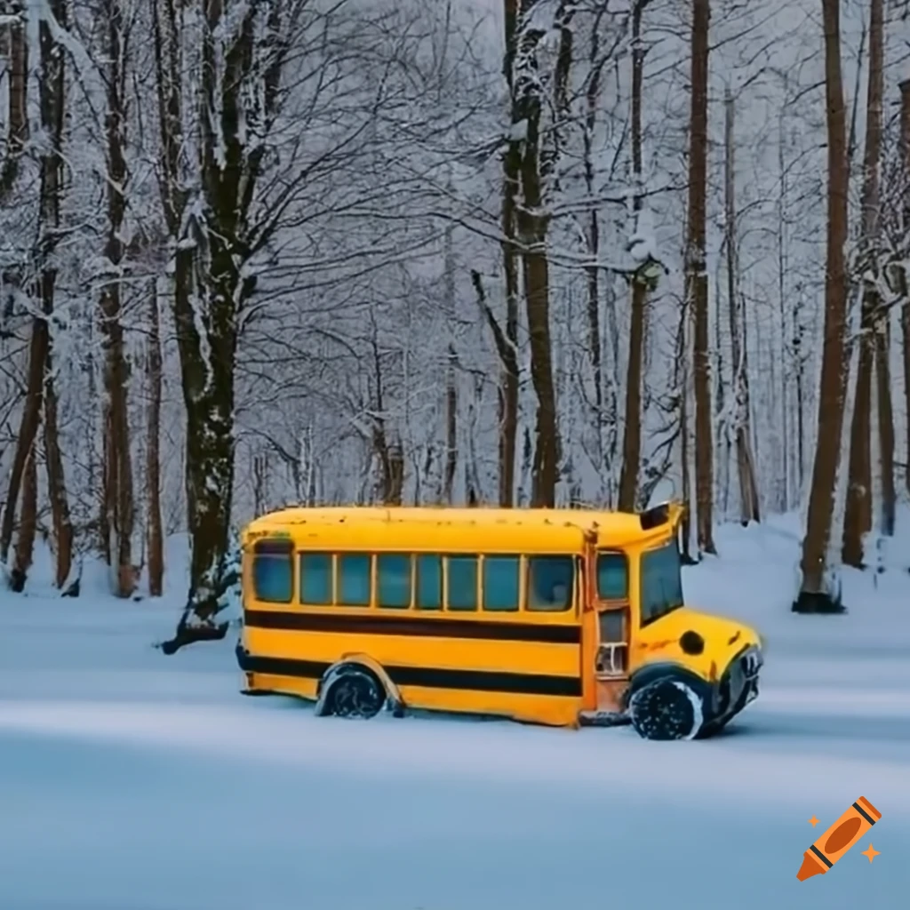 Bright yellow russian school bus on snowy road surrounded by trees on ...