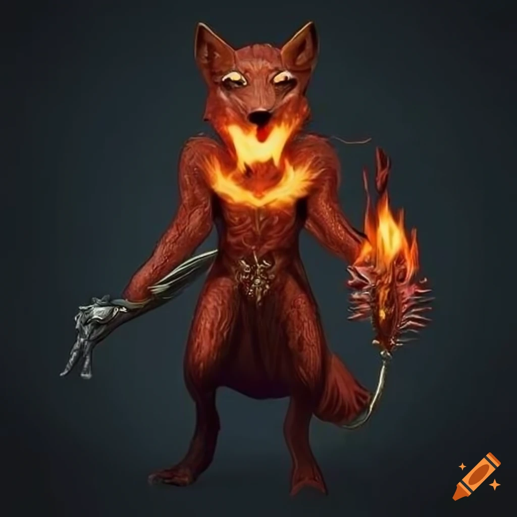 Detailed fire devil with fox head and flames, inspired by legend of ...