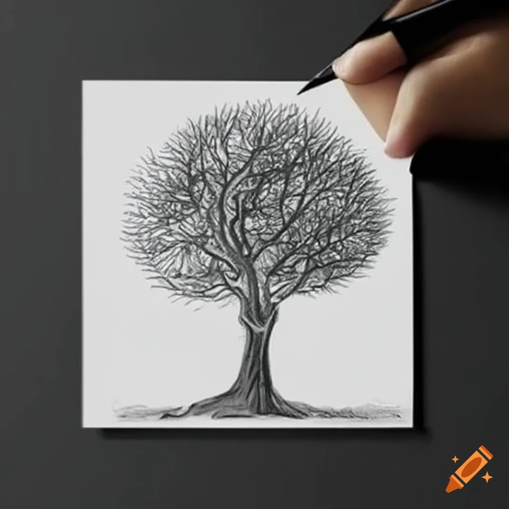 Pencil drawing of a single tree resembling a human arm on Craiyon
