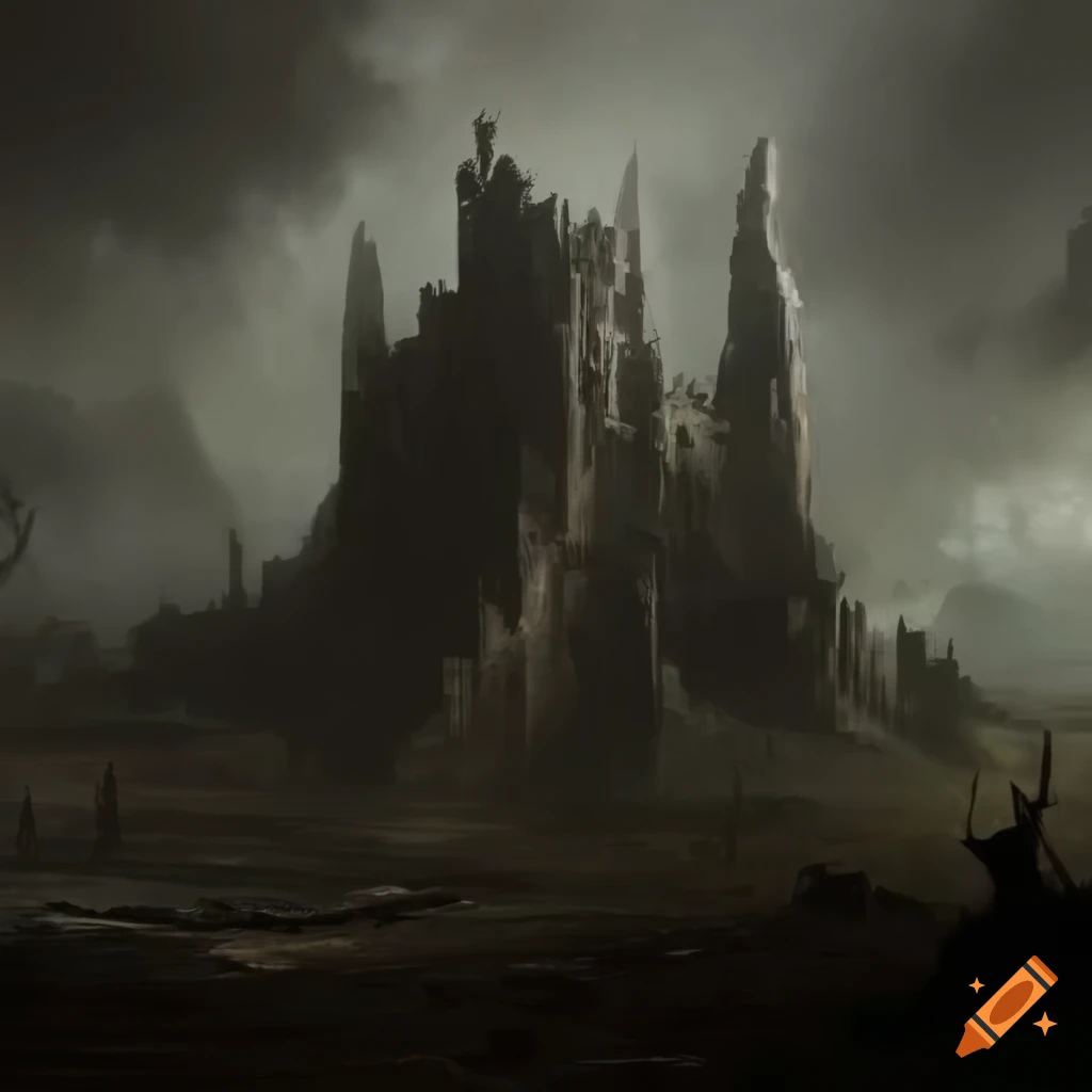 Ruins of the world in a wasteland during rain and ashfall on Craiyon