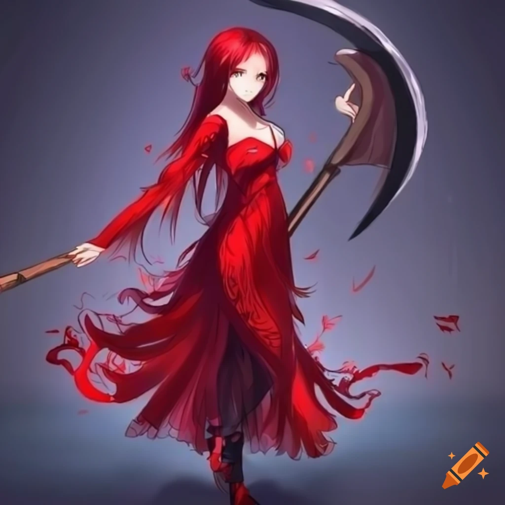 Anime woman in red dress posing with a scythe on Craiyon