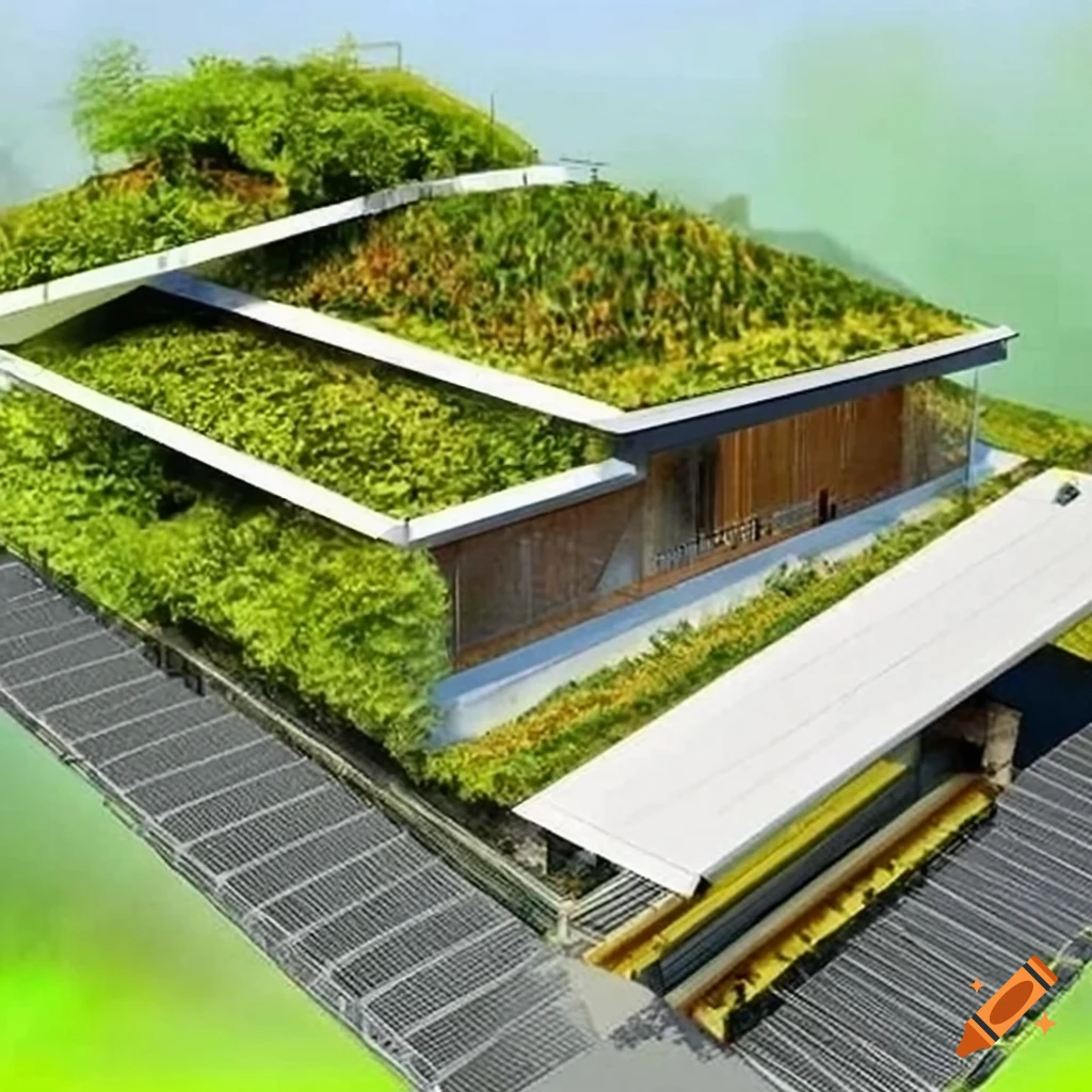 Modern eco-friendly design with green roofs, solar panels, and natural ...