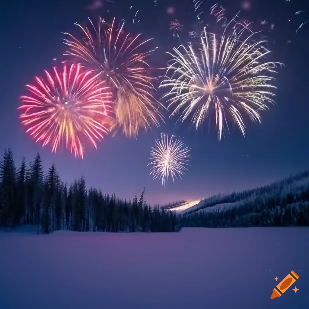 Nighttime fireworks in Norwegian winter forest landscape with mountains ...