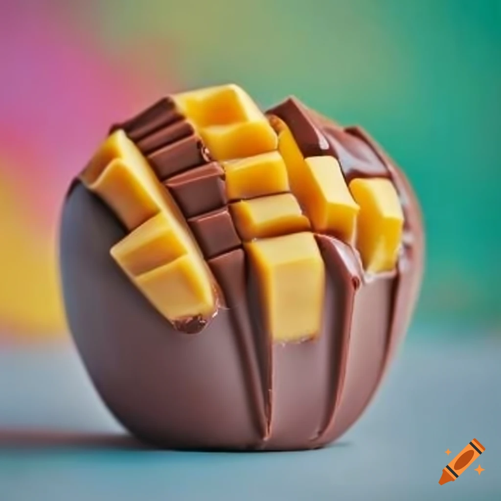 Large mango dipped in chocolate with colorful background on Craiyon