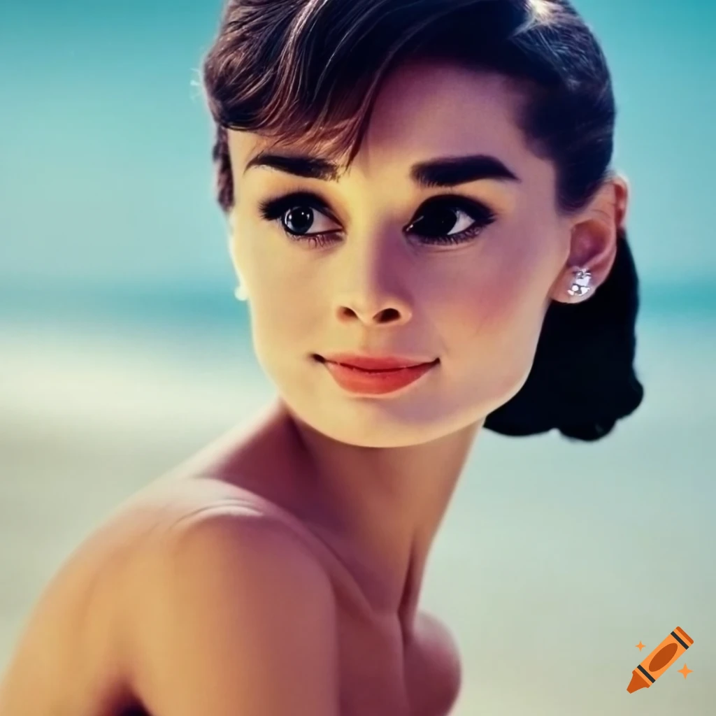 Audrey hepburn posing on the beach in flirty attire on Craiyon