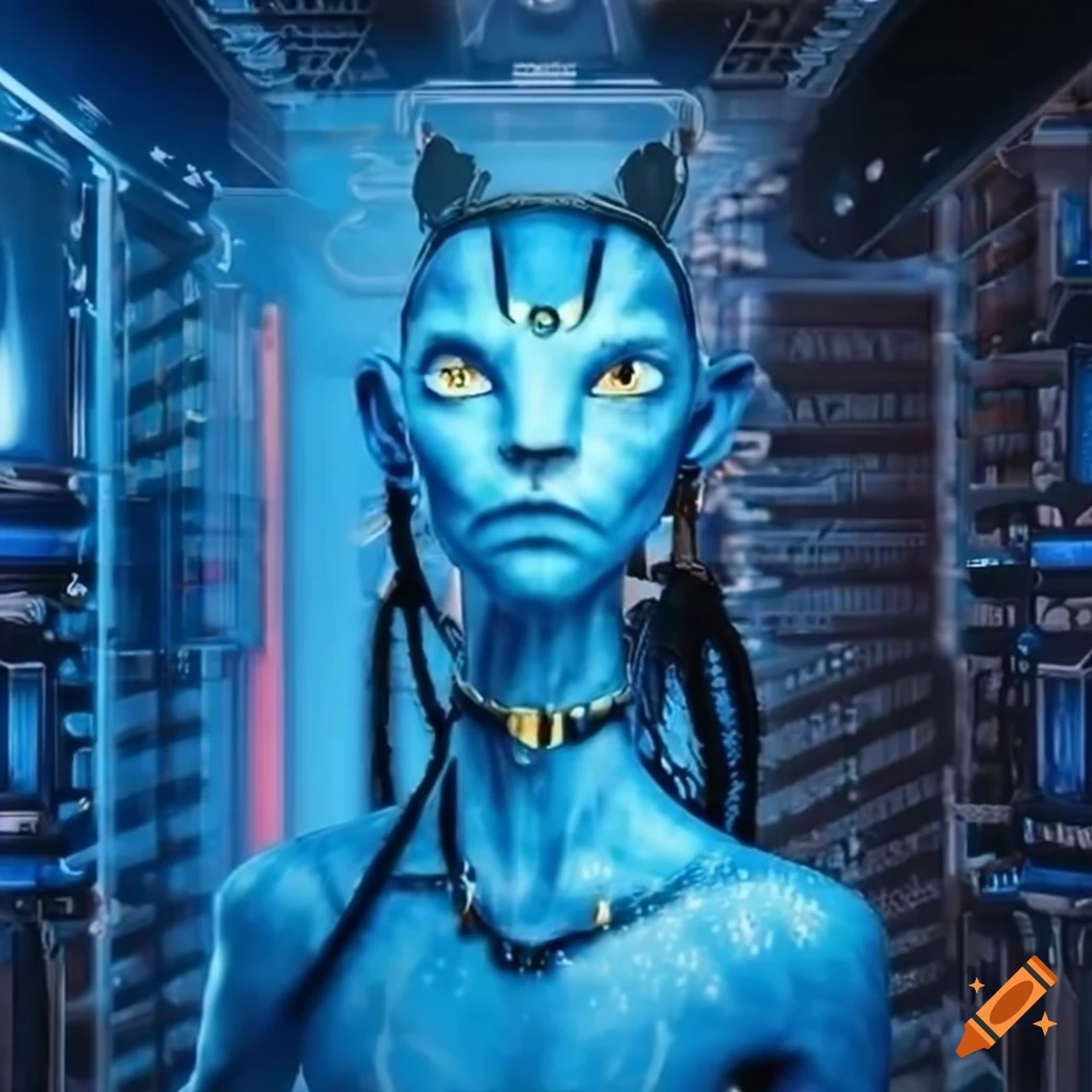 Blue-skinned avatar inside a computer glass case in a PC tower on Craiyon