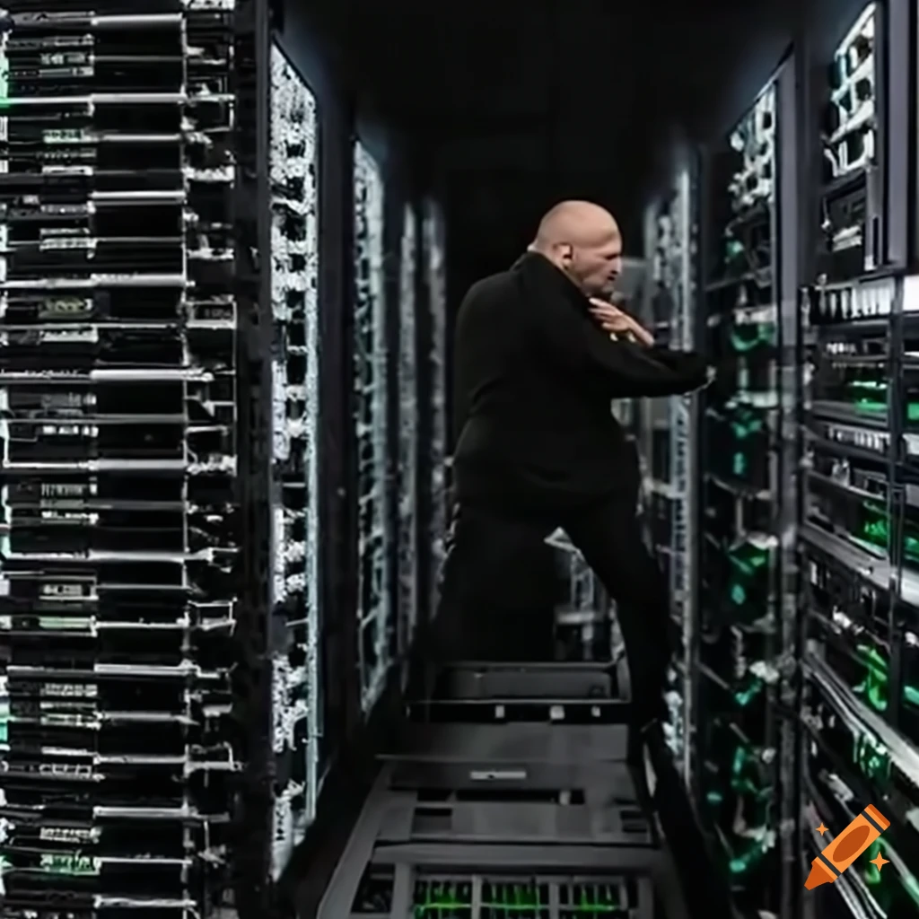 Man running away from exploding servers in a datacenter on Craiyon