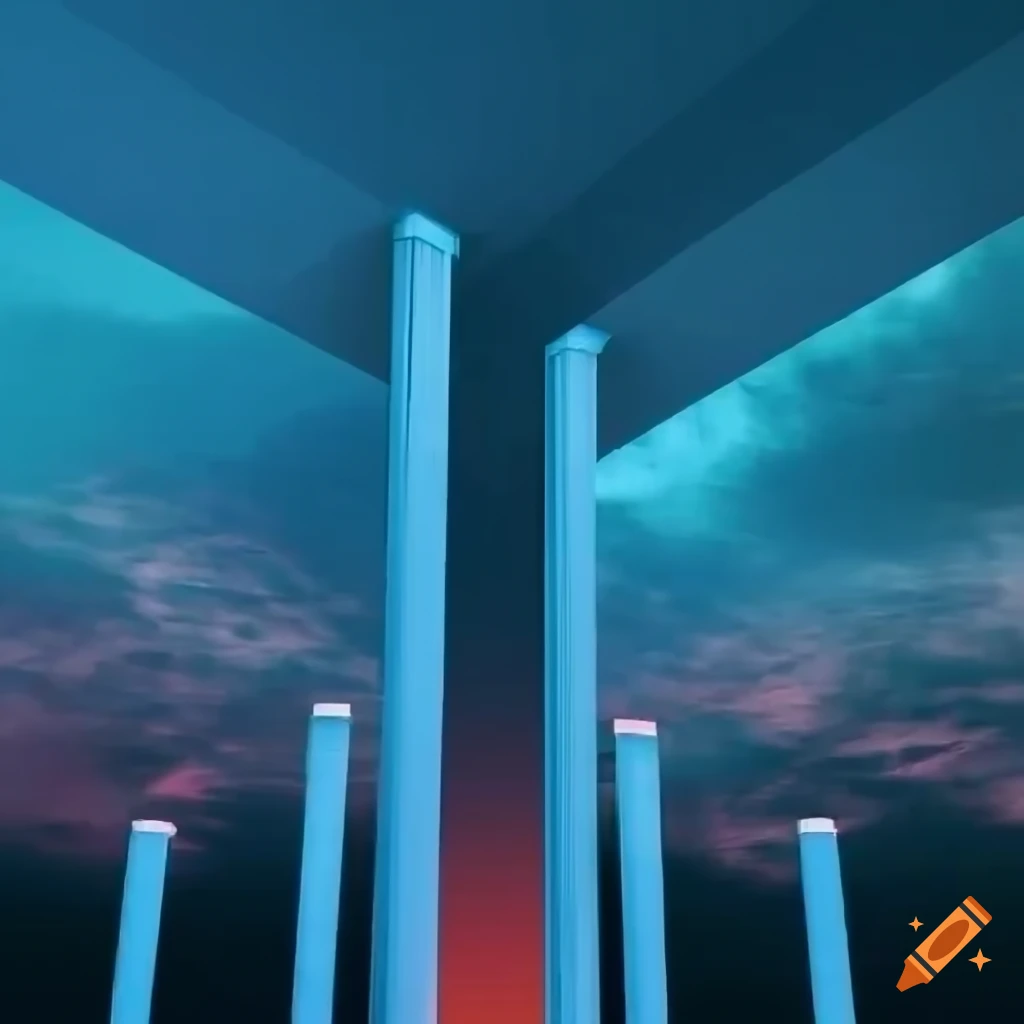 Vaporwave aesthetic futuristic buildings on tall columns on Craiyon
