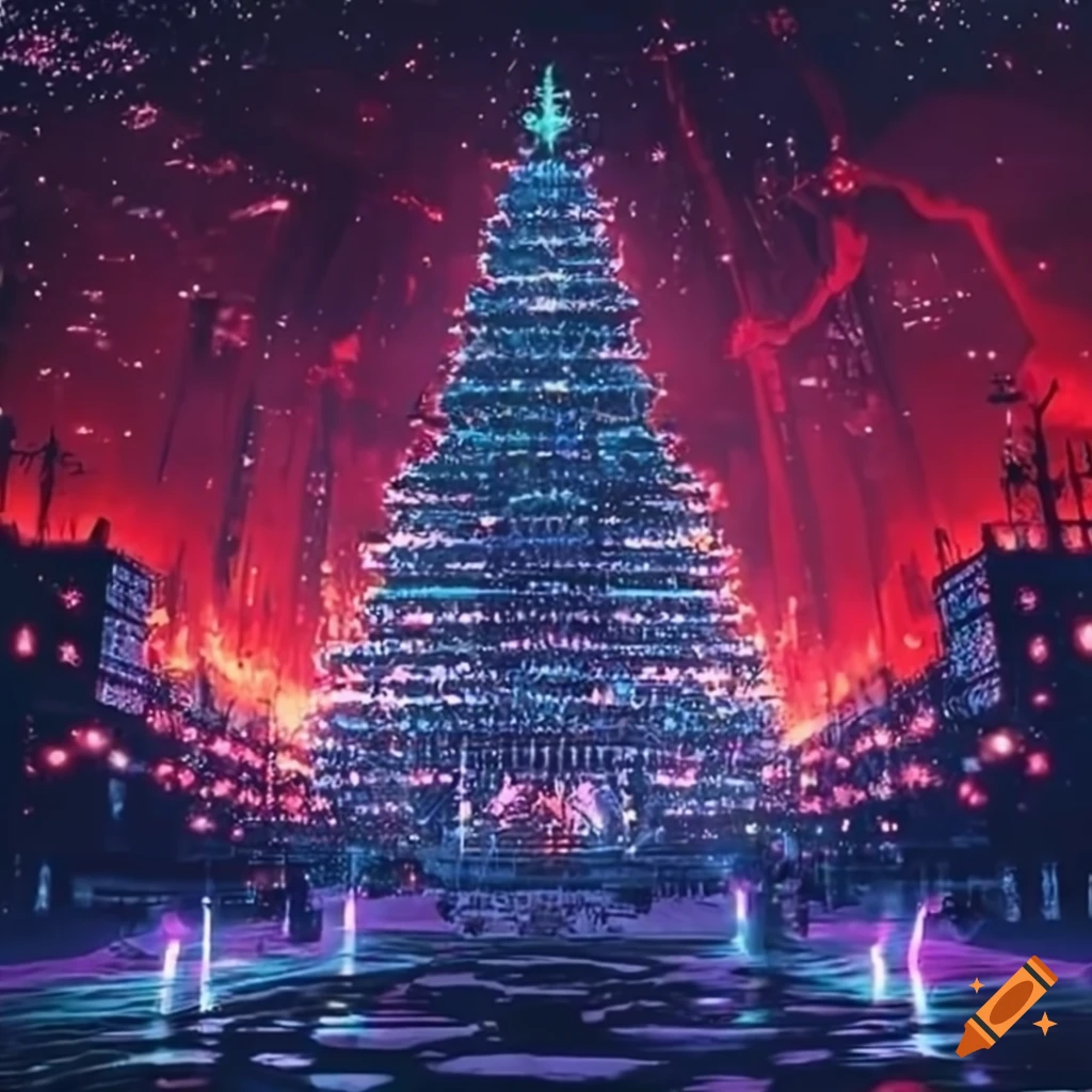 Christmas tree in a retro-futuristic cosmic city on Craiyon