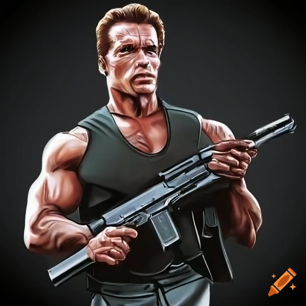Terminator caricature of arnold schwarzenegger with guns on Craiyon