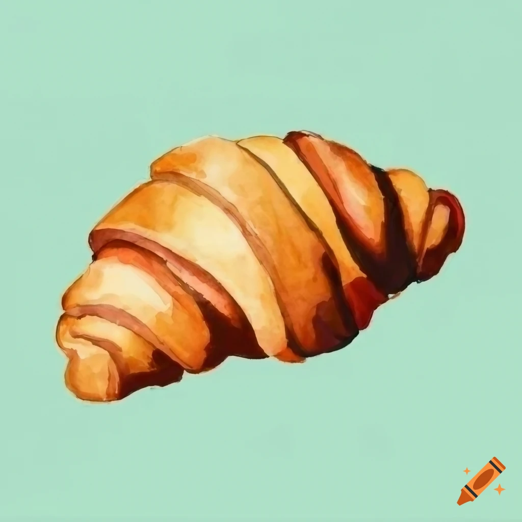 Croissant sandwich in watercolor style with low color saturation and ...
