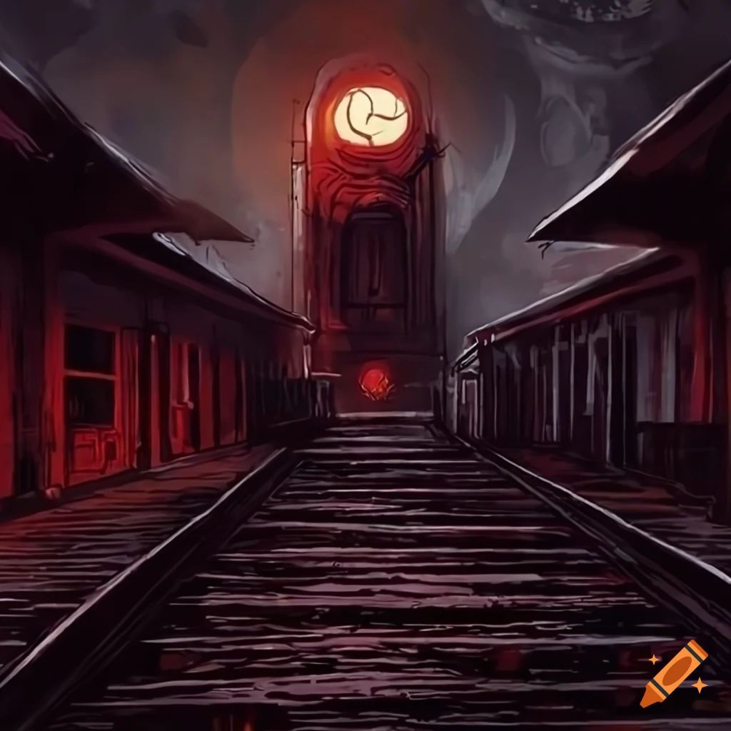 Comic style horror train station in 16:9 size on Craiyon