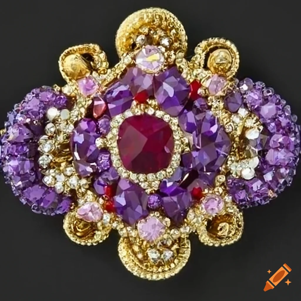Rococo style brooch with square-cut ruby and colorful beads on Craiyon