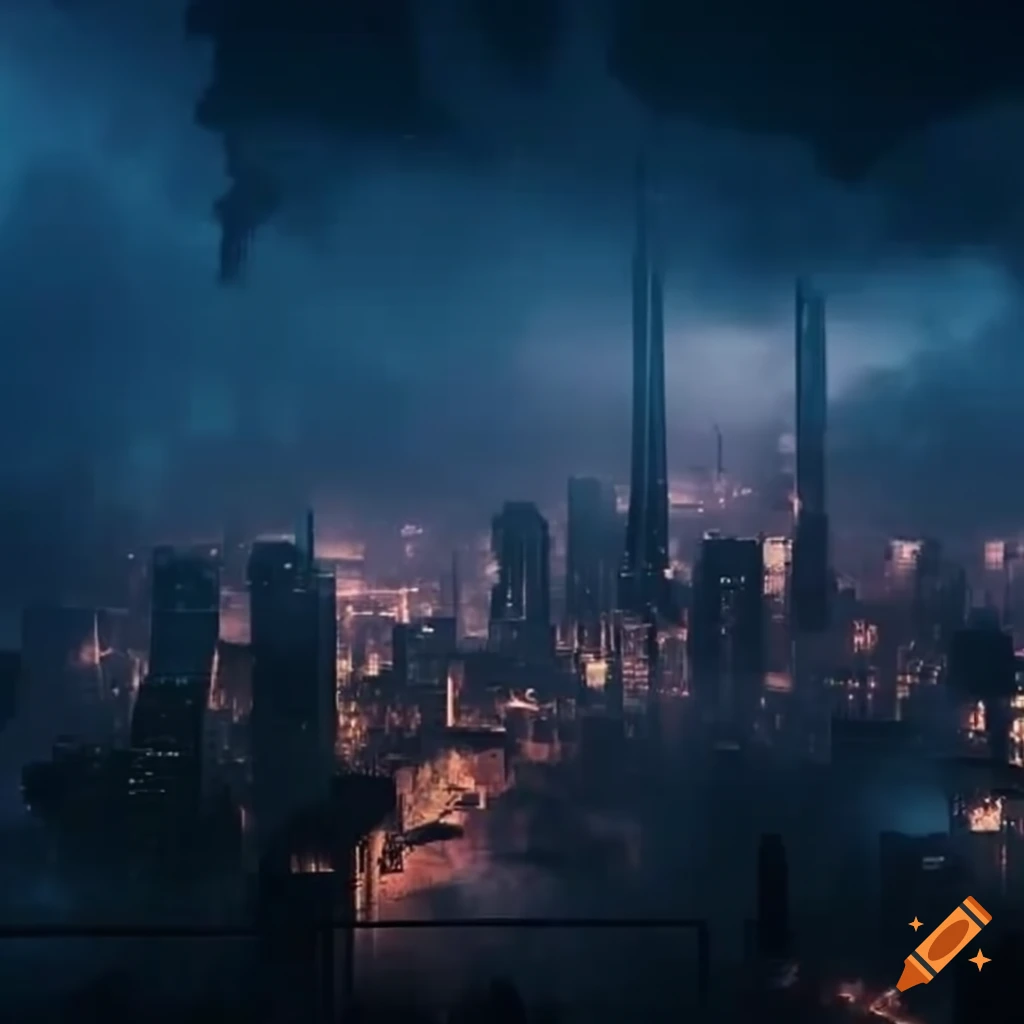 Futuristic city under siege with smoke rising from buildings at night ...