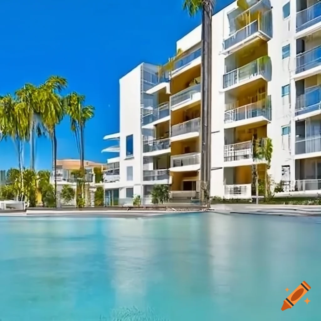 Ultra modern white apartment complex with palm trees and water ...