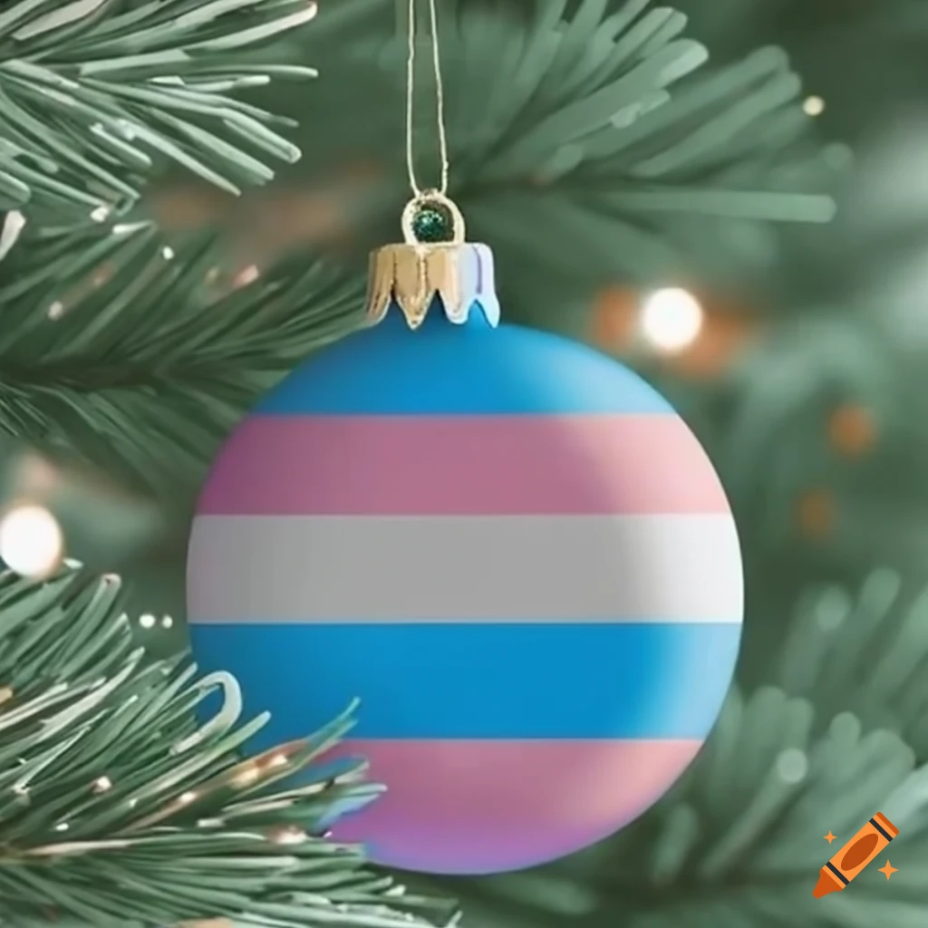 Christmas balls in transgender flag colors on a christmas tree on Craiyon