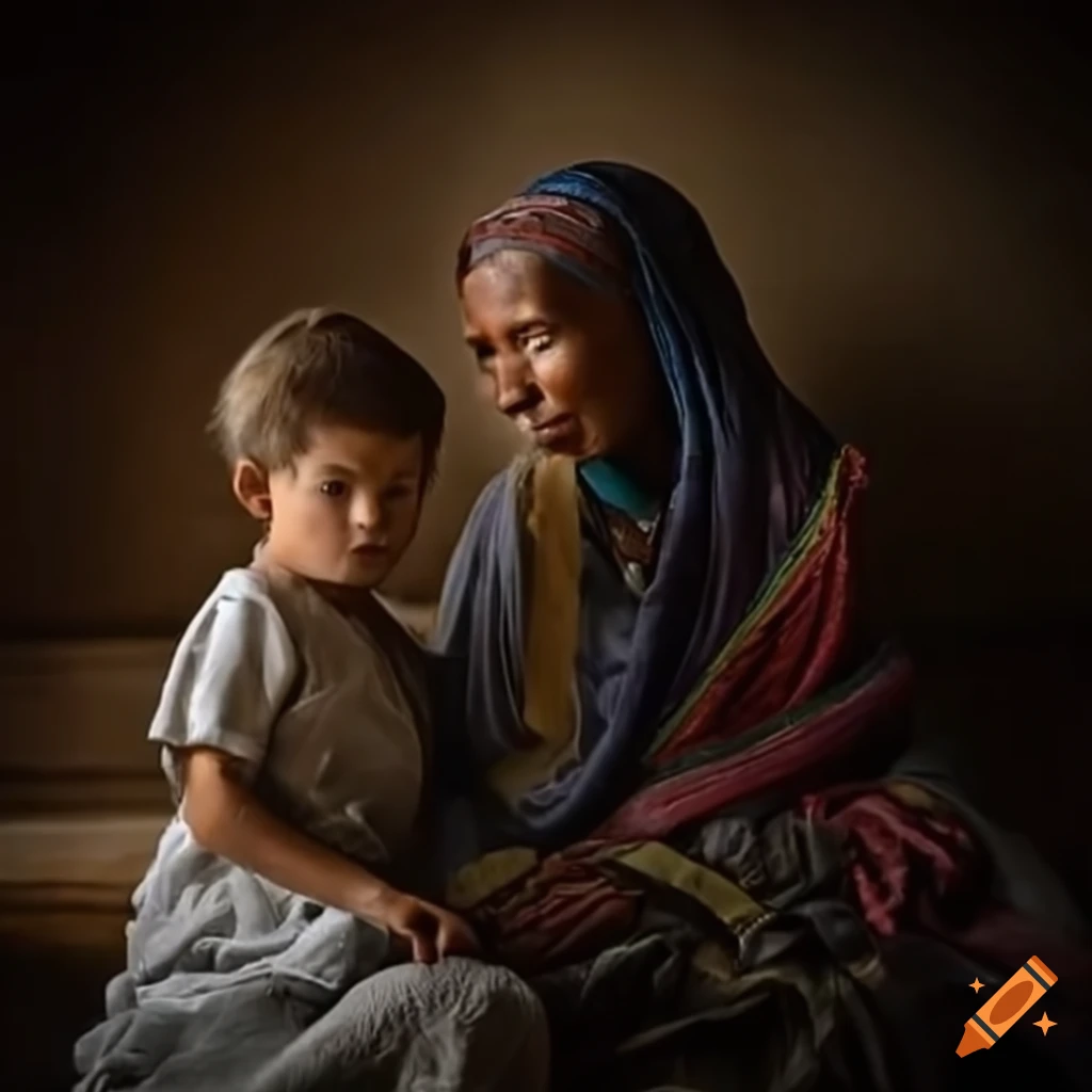 Illustration showing a poor widow and her son on Craiyon