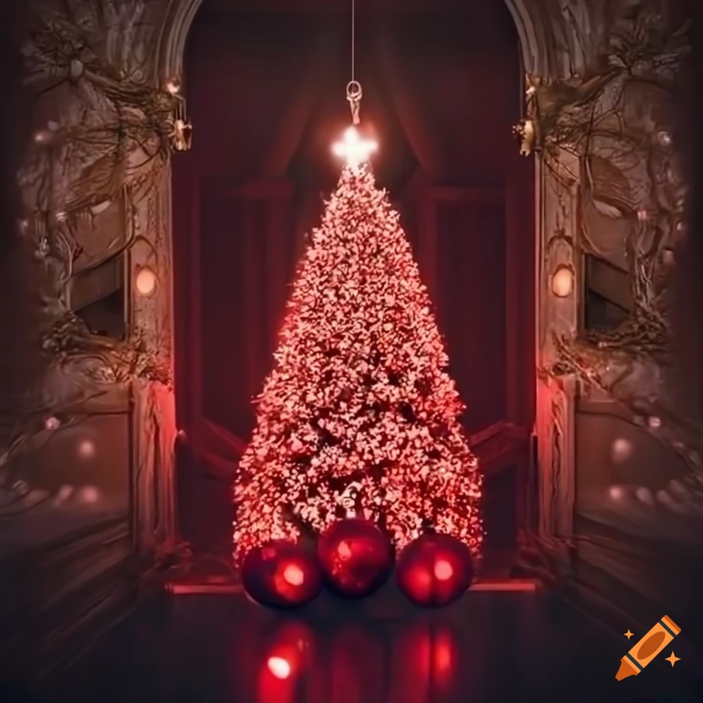 Green christmas tree with red christmas balls and bright lights on Craiyon