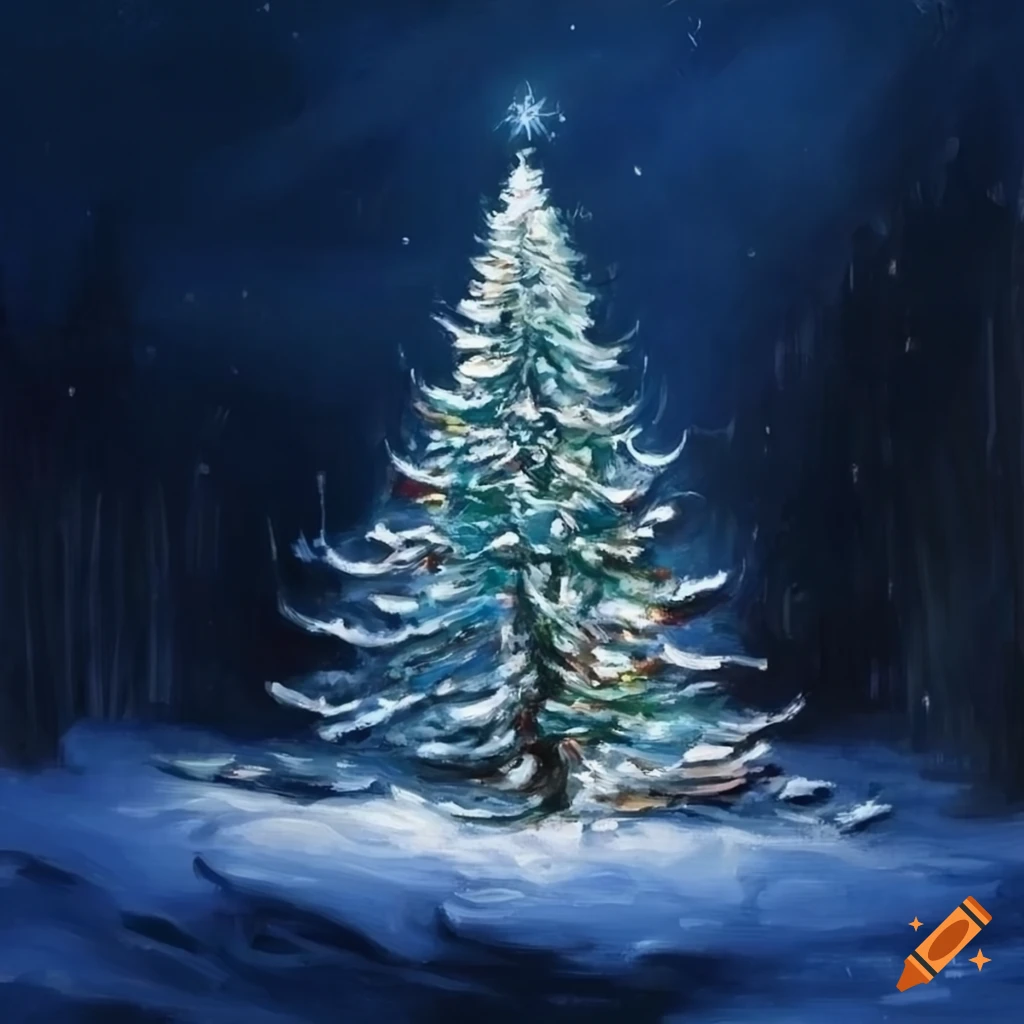Realistic christmas tree in snowy forest under atmospheric light on Craiyon