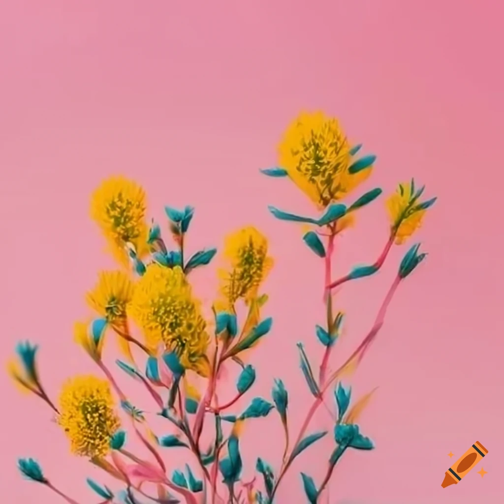 Vibrant yellow australian wildflowers on unsaturated pastel pink background on Craiyon