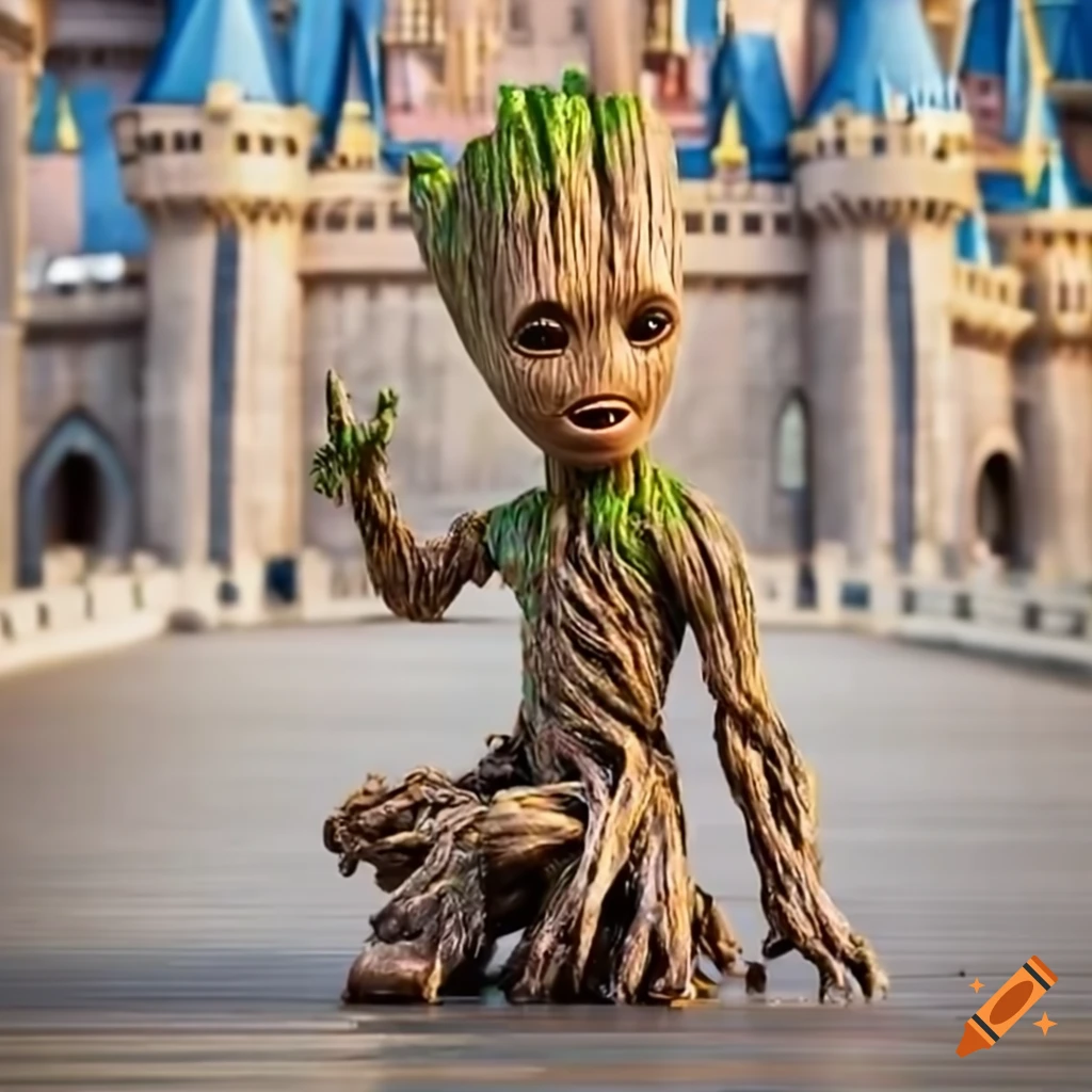 Groot sitting in front of disney castle on Craiyon