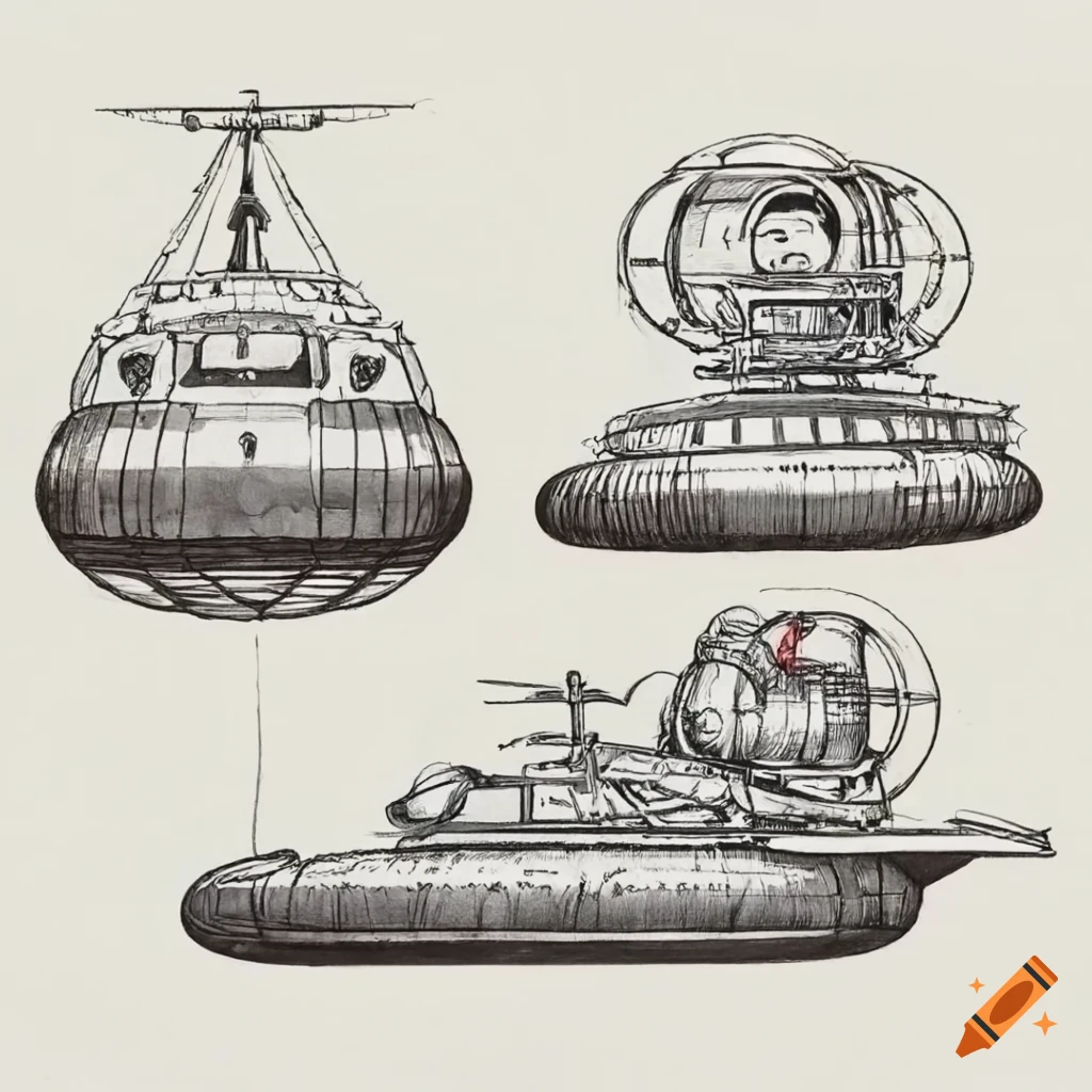 Technical drawing of a bulbous martian hovercraft in ghibli style on ...