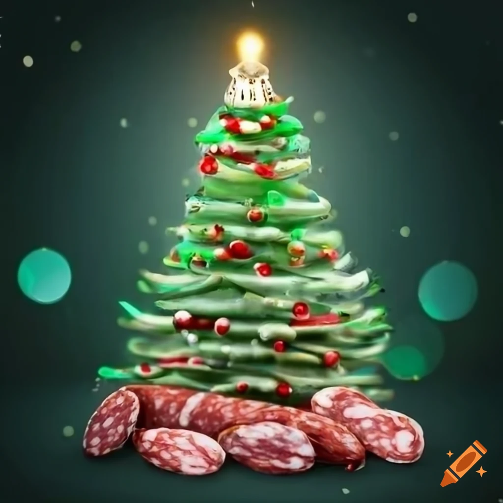 Christmas tree decorated with small salami as ornaments in a bokeh ...