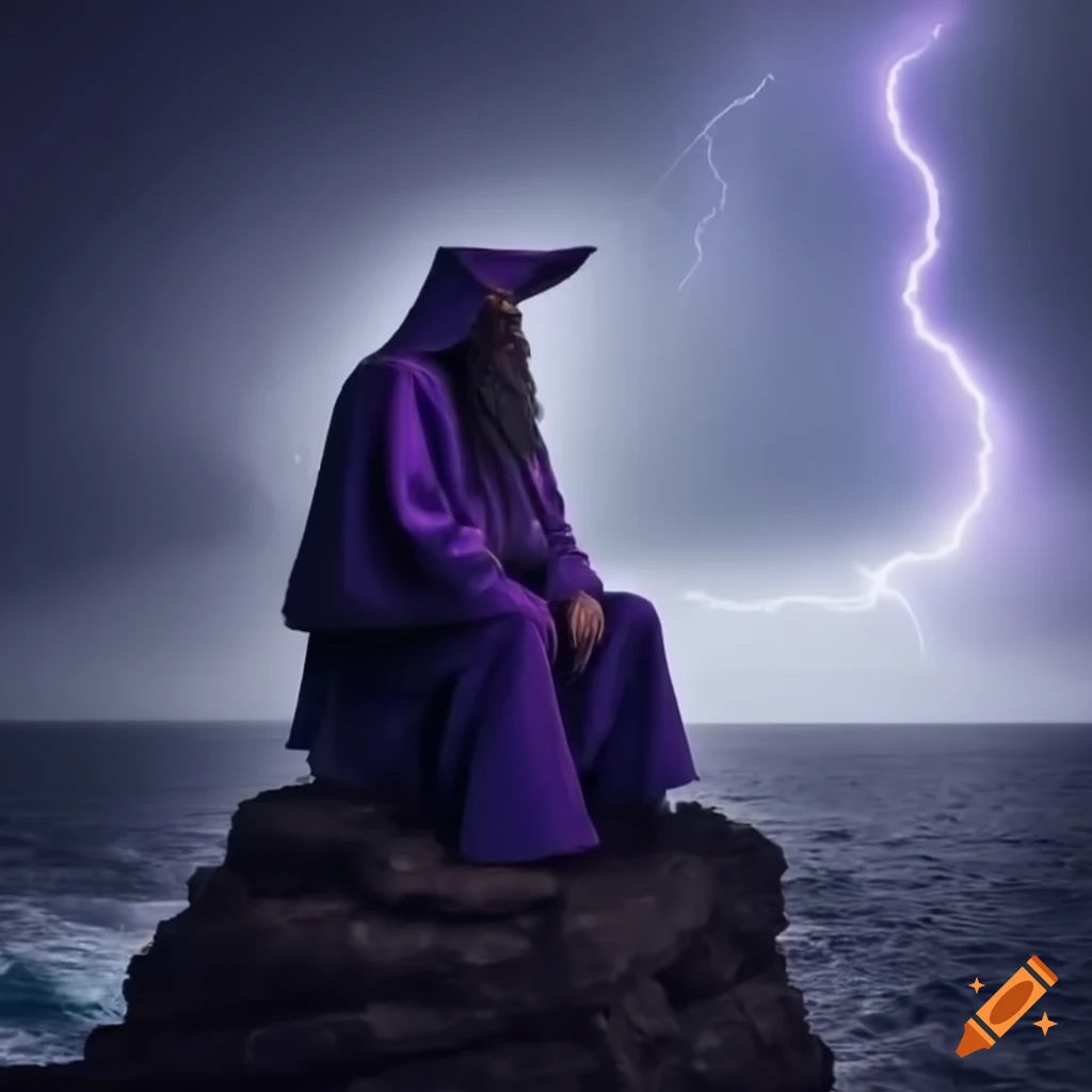 Sad wizard sitting on a cliff overlooking a raging ocean in a ...