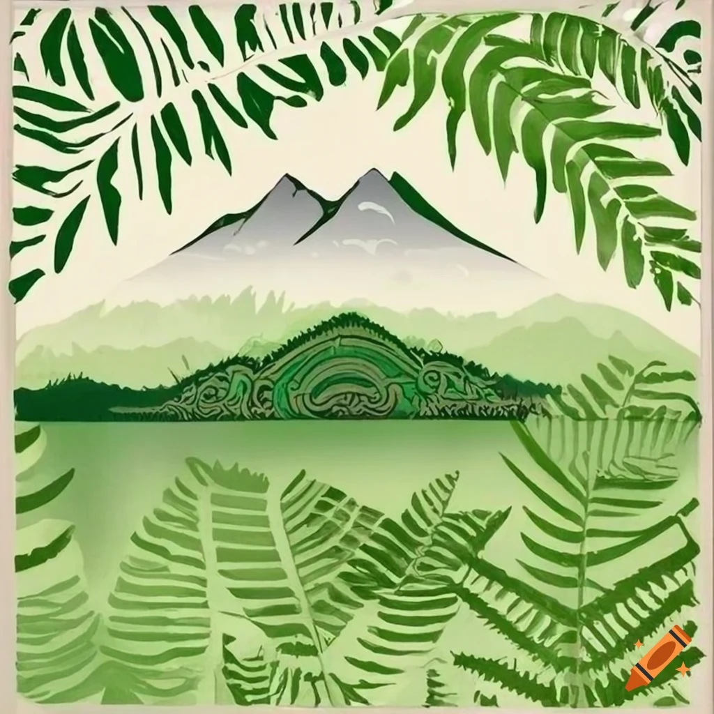 Maori artwork of trees and ferns with mountains in the background on ...