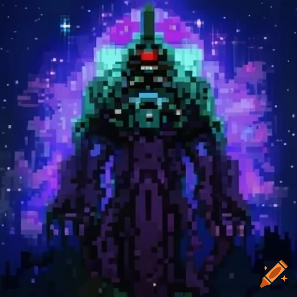 Pixel art protagonist facing an evil cosmic boss on Craiyon