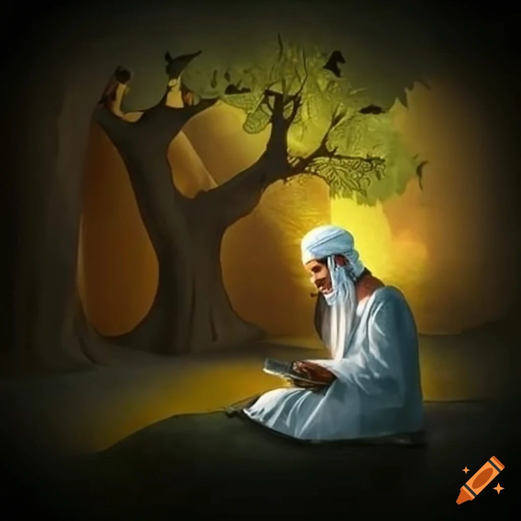 Elderly muslim man teaching under a tree on Craiyon