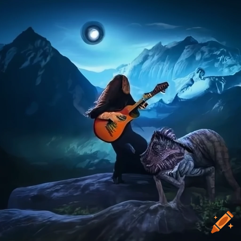 Mystical wizard playing electric guitar while riding a T-rex in front ...