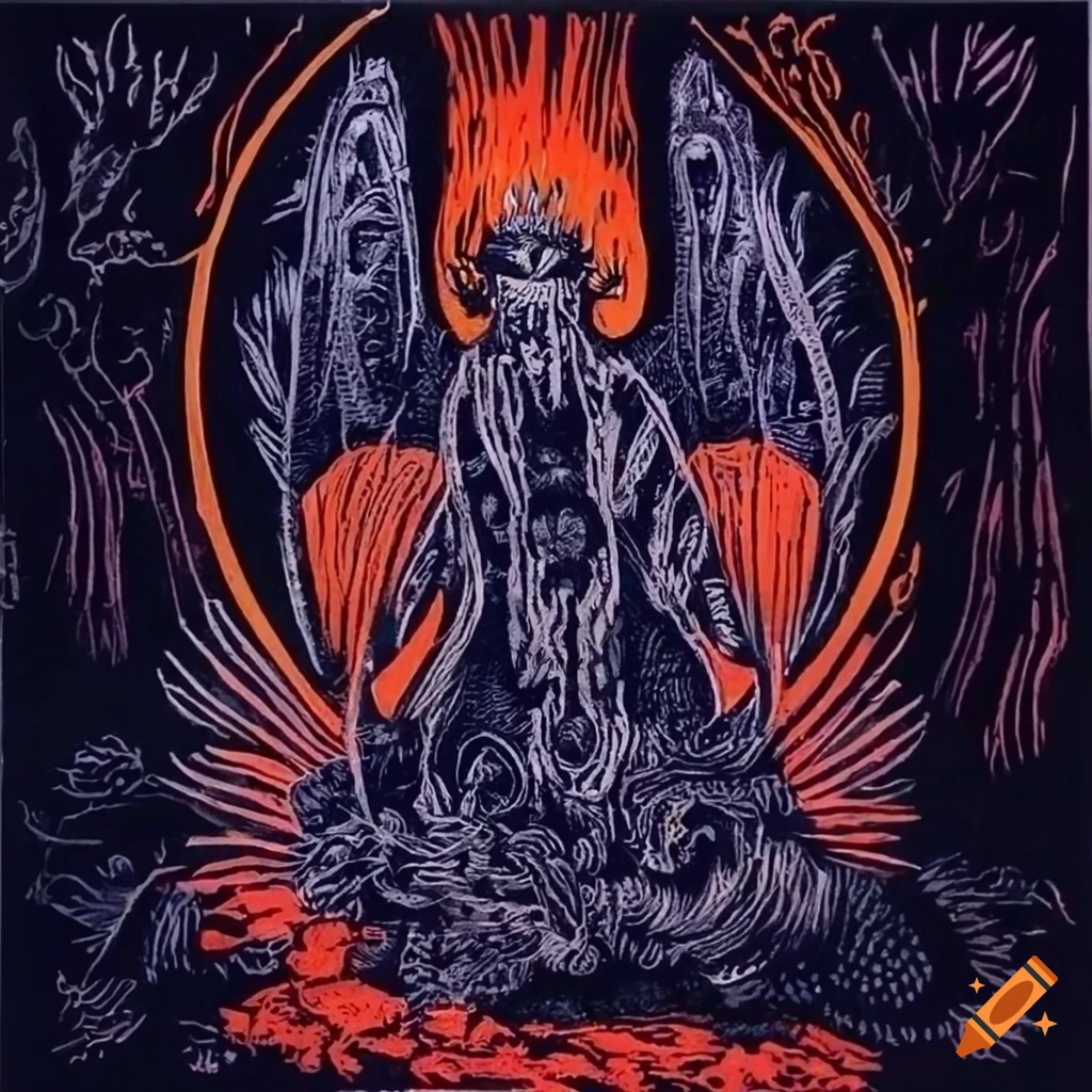 Beelzebub majestic lord of flies prince of demons indigo linocut on Craiyon