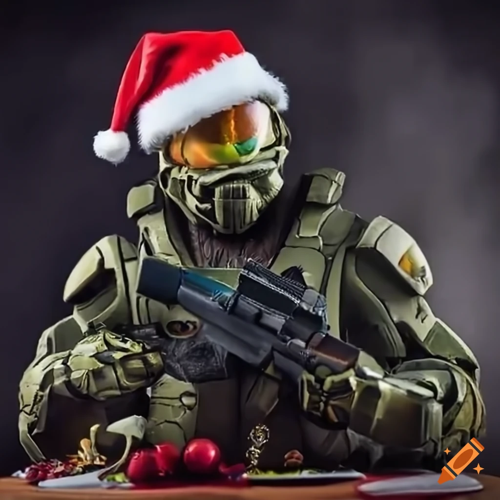 Master chief 117 sitting at christmas dinner table with santa hat on Craiyon