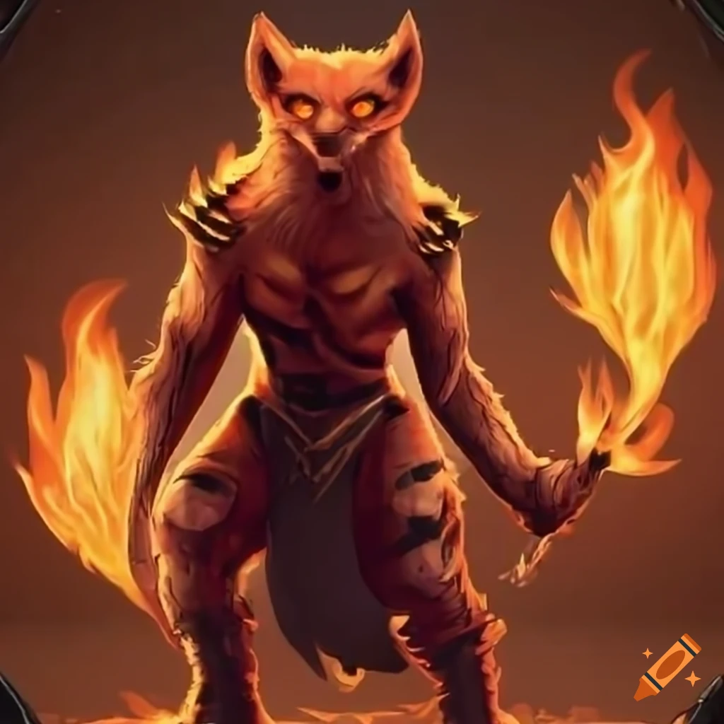 Detailed fire devils with fox faces, flames, and torches in a legend of ...