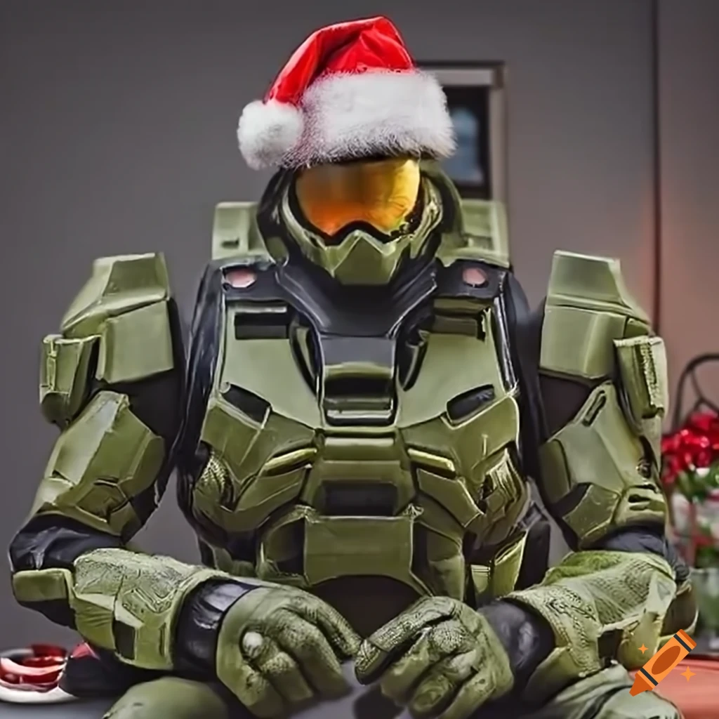 Master chief 117 sitting at christmas dinner table with santa hat on ...
