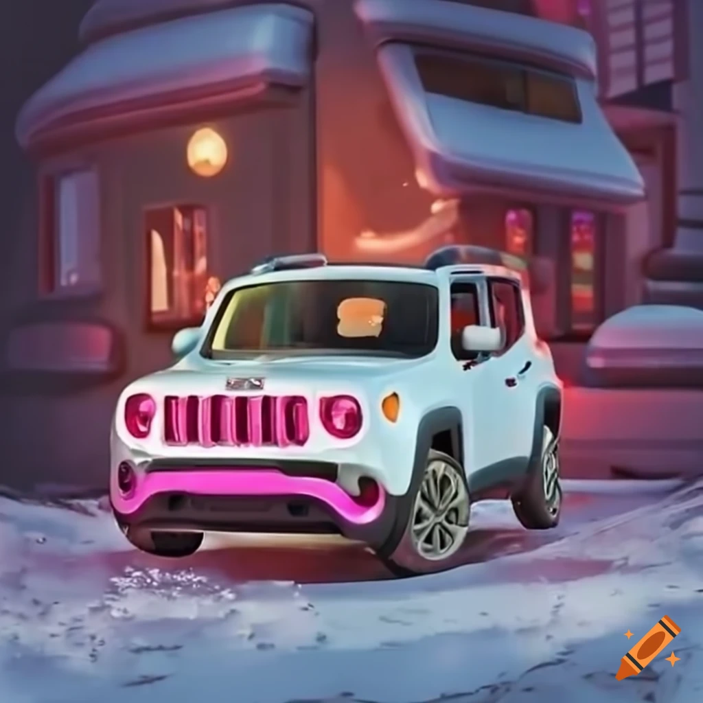 White jeep renegade with pink accents in a christmas setting on Craiyon