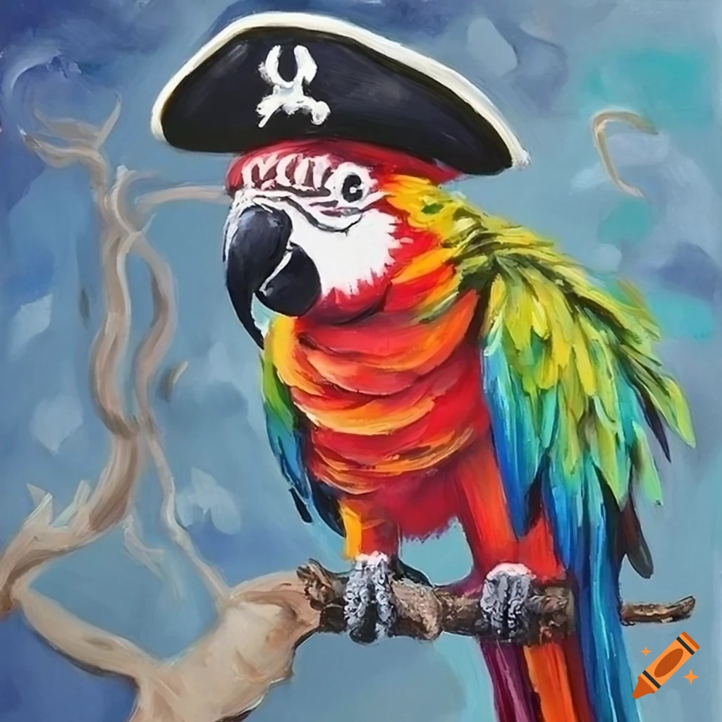 Parrot with a pirate hat in an acrylic painting on Craiyon