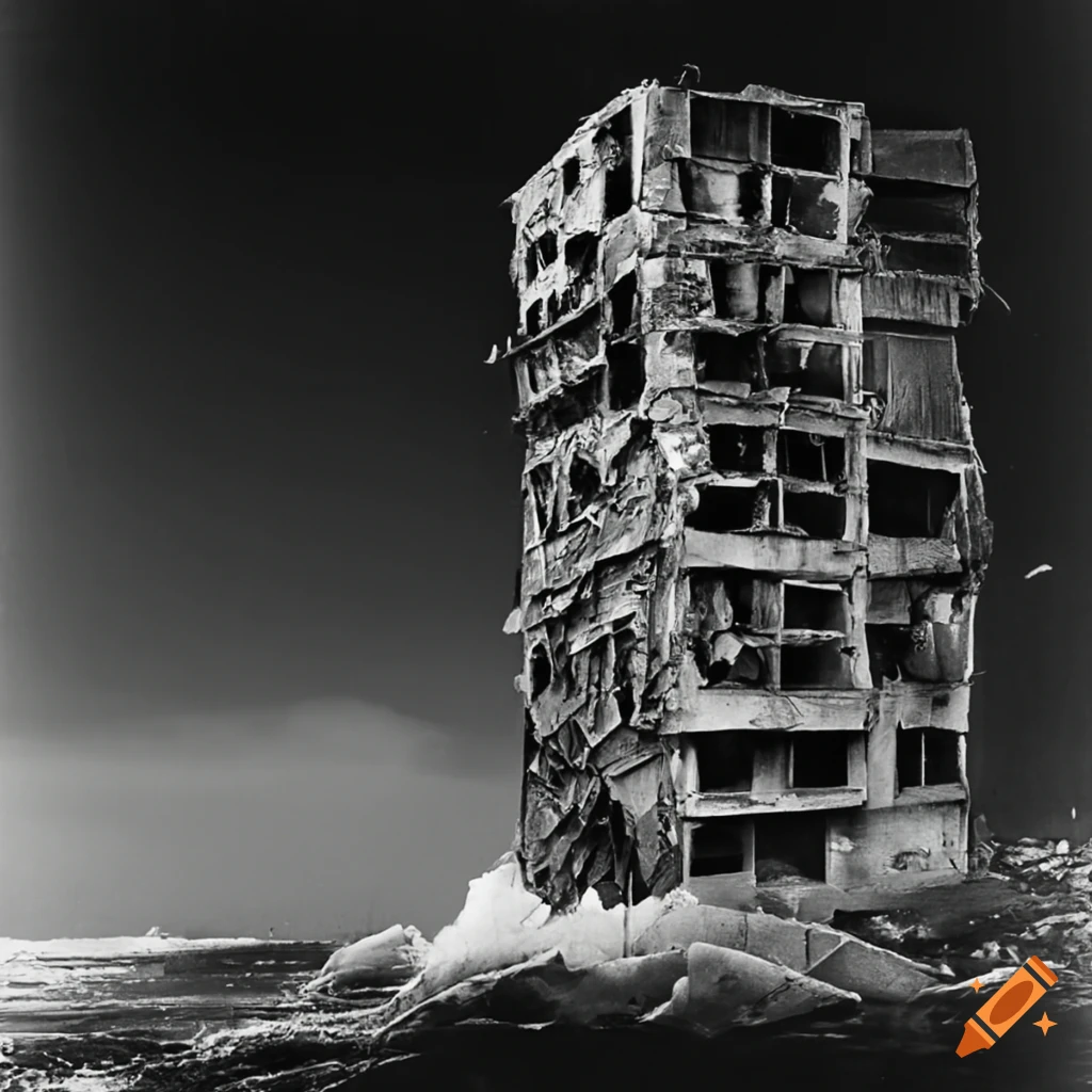 1930s art of large broken buildings and homes crashing into the ocean ...