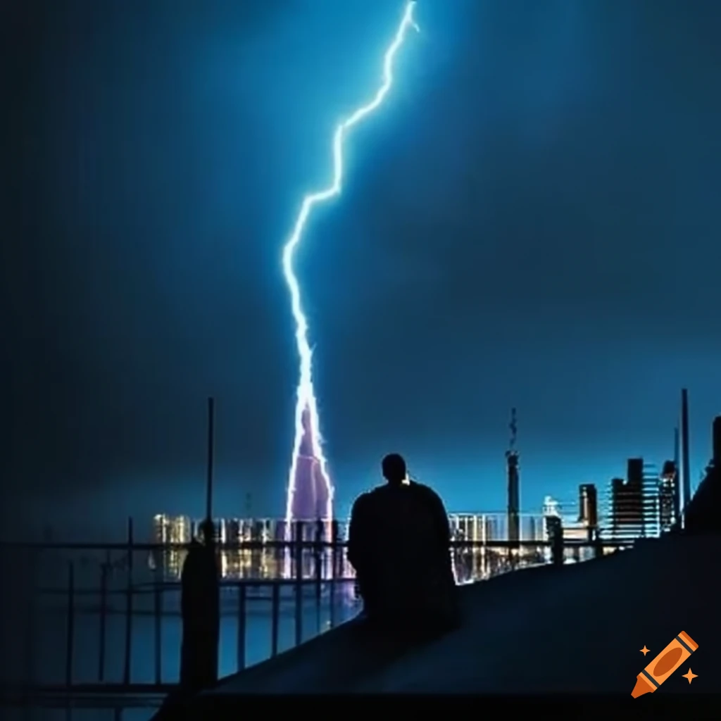 Night thunder at phone towers with people on the roof on Craiyon