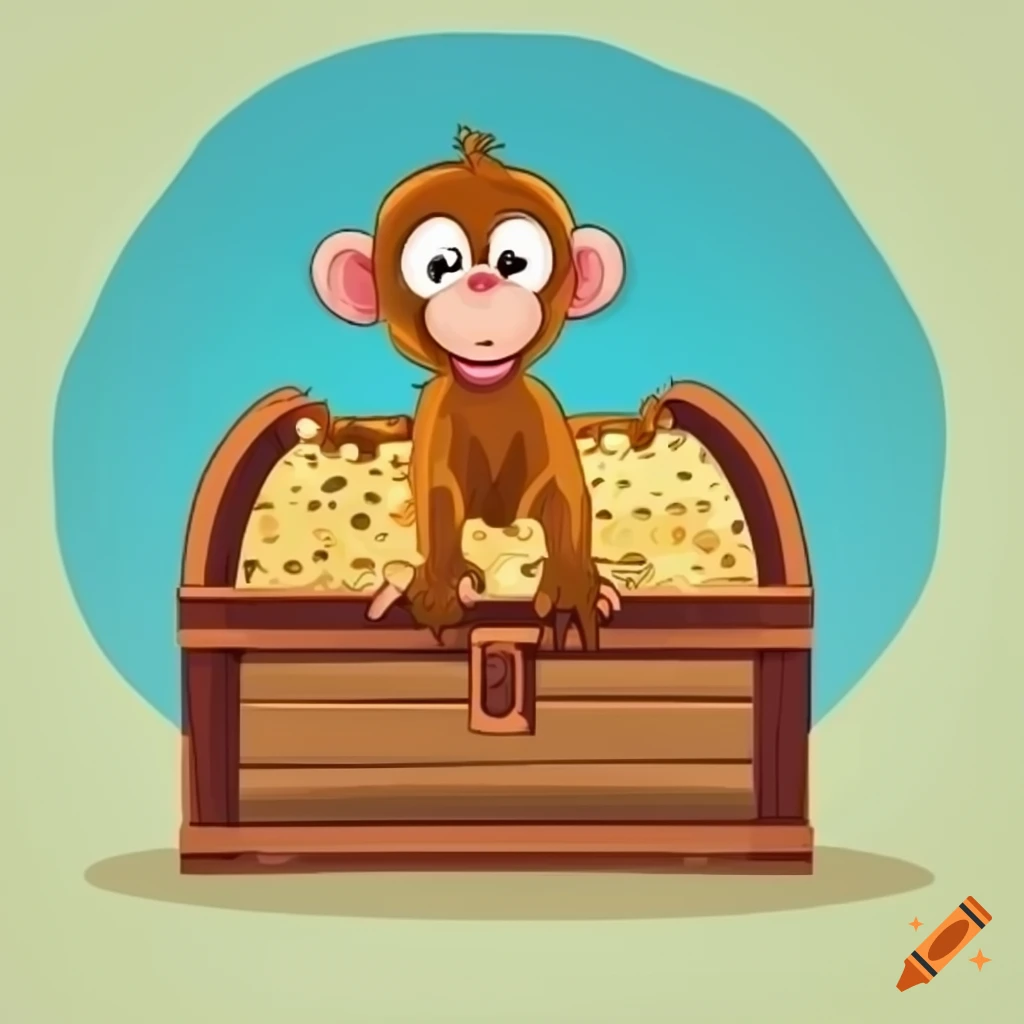 Cartoon monkey in front of an open treasure chest on Craiyon