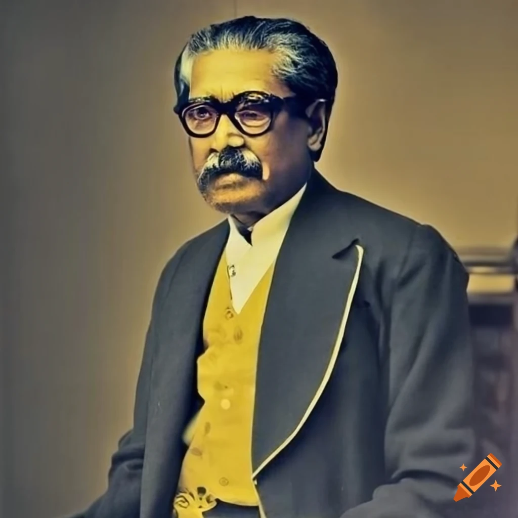 Vintage black and yellow photo of sheikh mujib in a suit on Craiyon