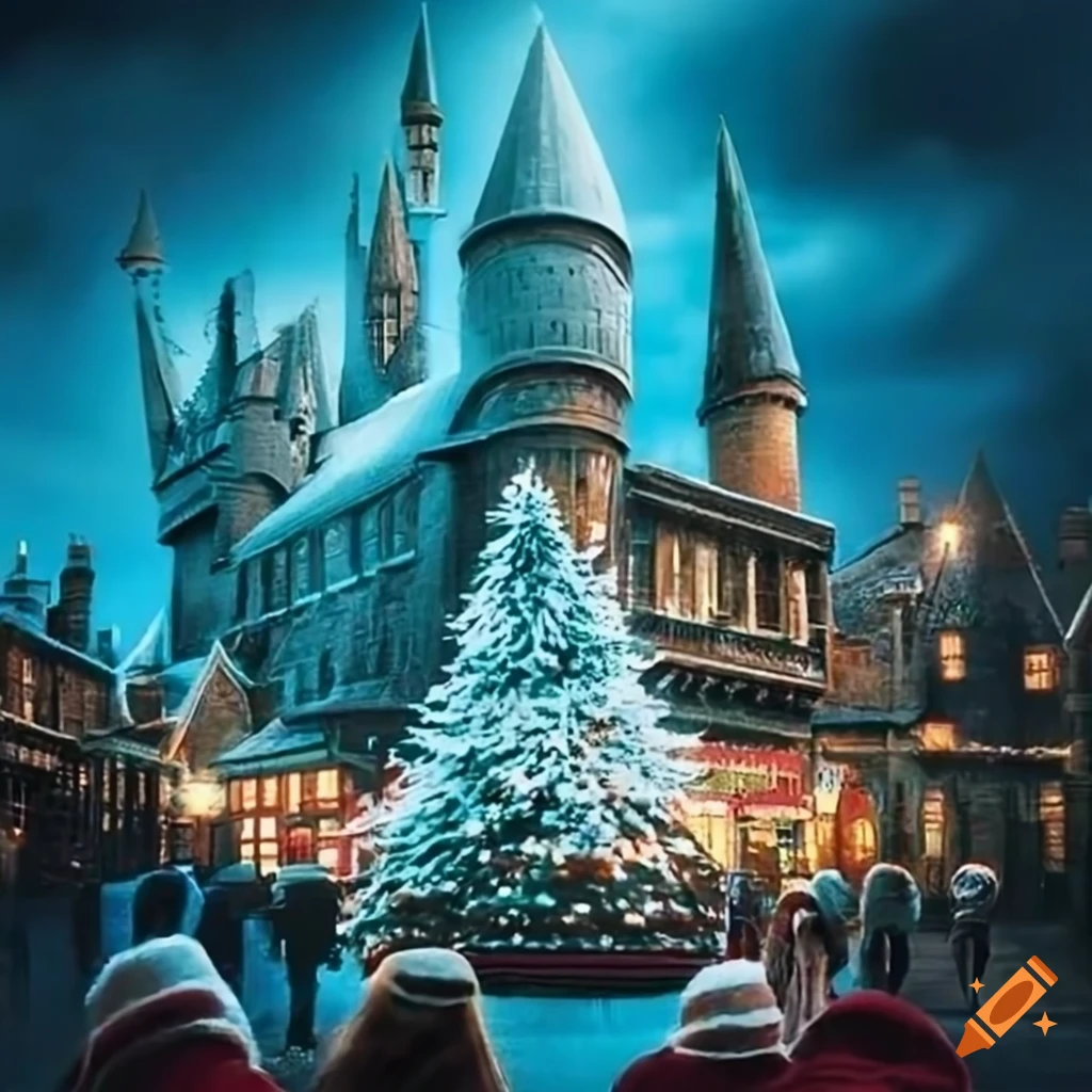 Merry christmas postcard in a magical wizarding world on Craiyon