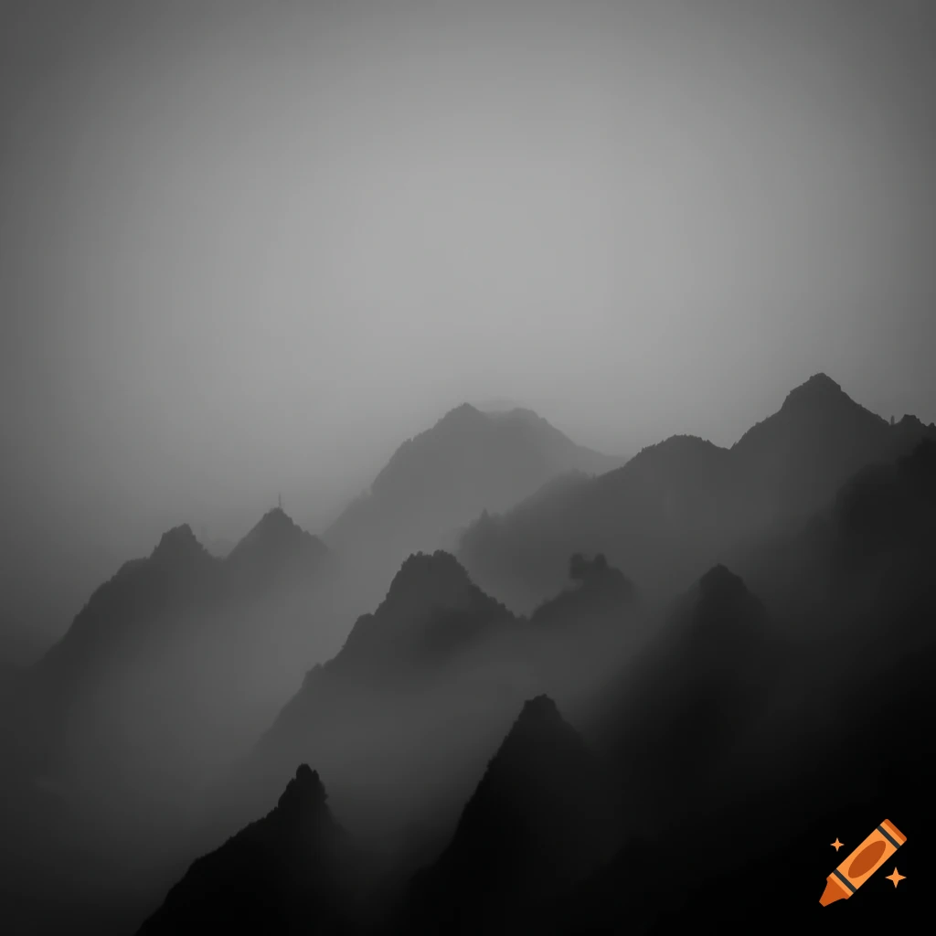 Foggy black and white bird's eye view of dark mountains on Craiyon