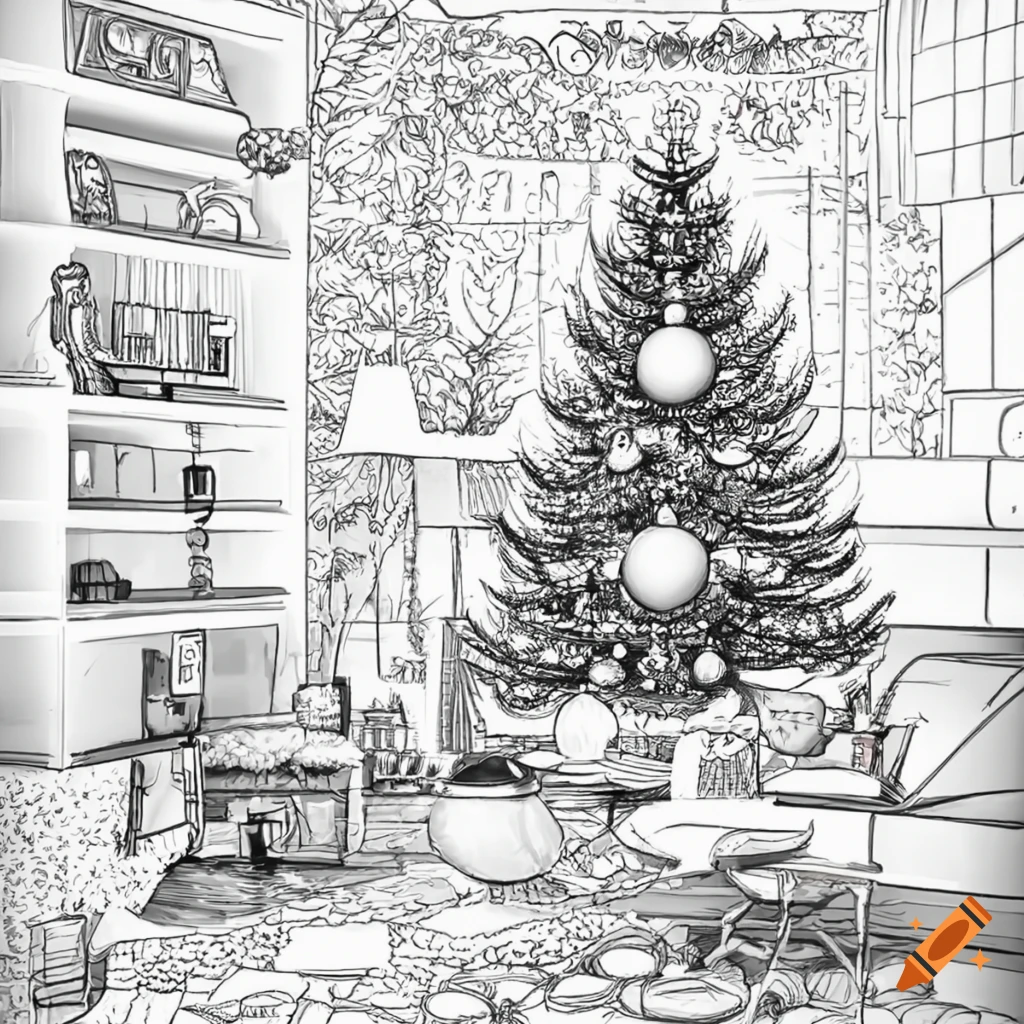 Monochrome coloring book of a cozy christmas apartment with a tree on ...